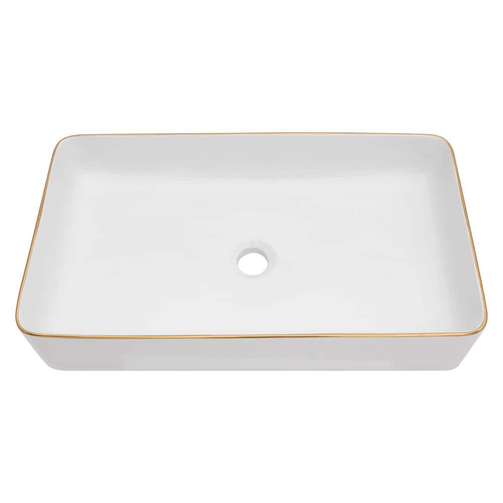 Logmey 24 in. Rectangle White Ceramic Vessel Sink with Gold Rim Above ...