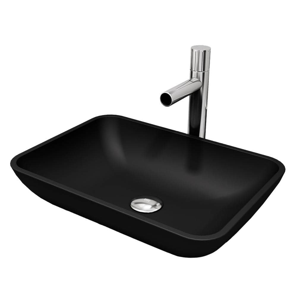 VIGO Matte Shell Sottile Glass Rectangular Vessel Bathroom Sink in Black with Ashford Faucet and ...