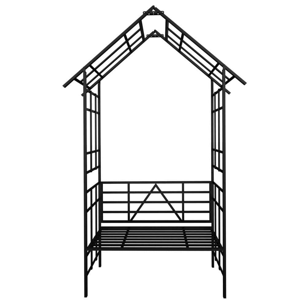 97.24 in. Black Metal Garden Arch Trellis with Bench for Garden HG-640 ...
