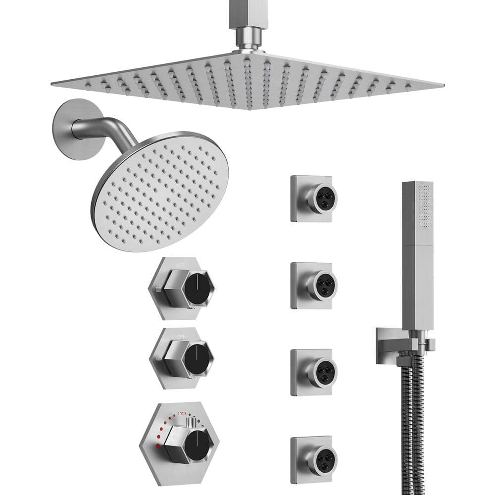 GRANDJOY Multifunction Dual Shower System 12 in. 5-Spray Square High ...