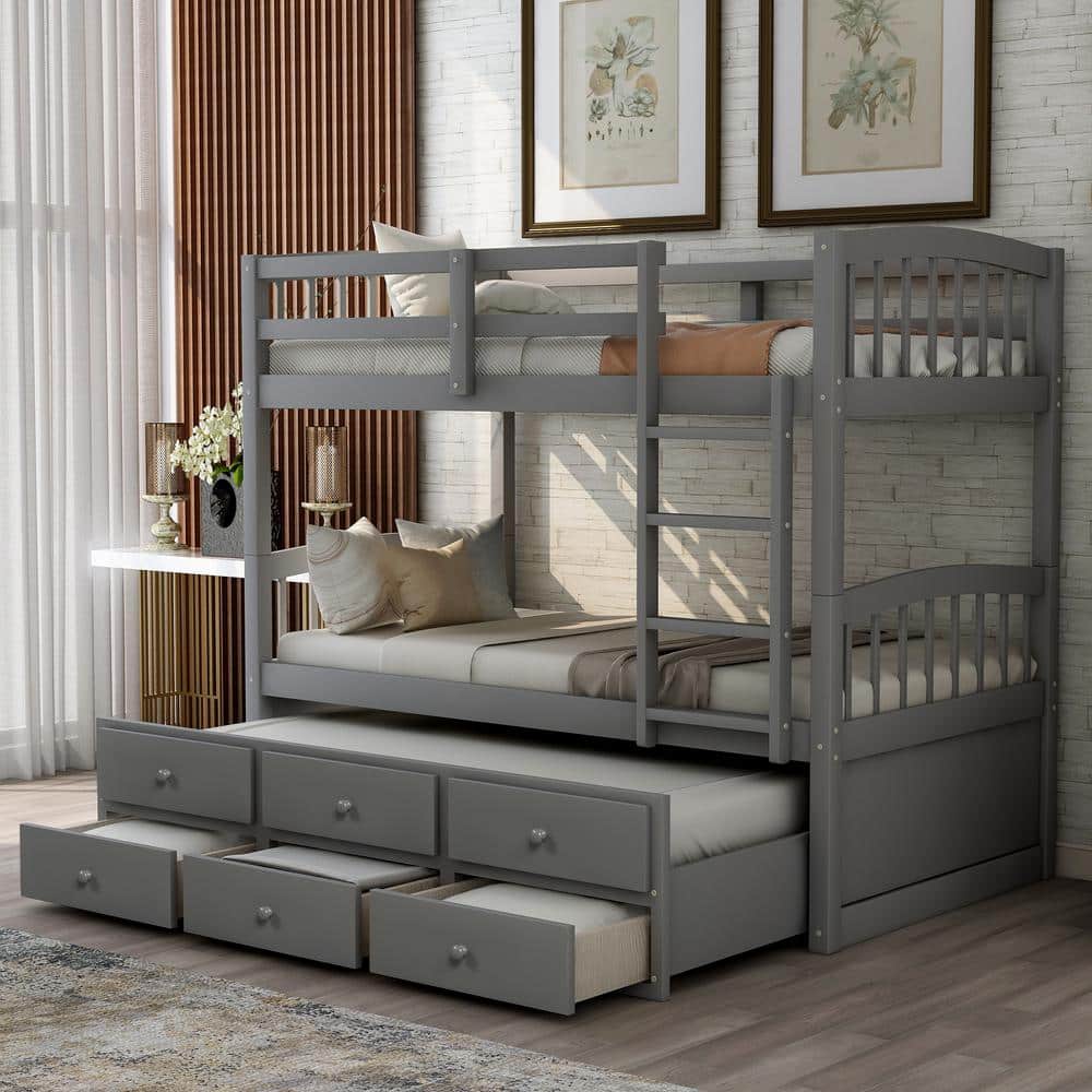 Harper & Bright Designs Gray Twin Over Twin Wooden Bunk Bed with Twin ...