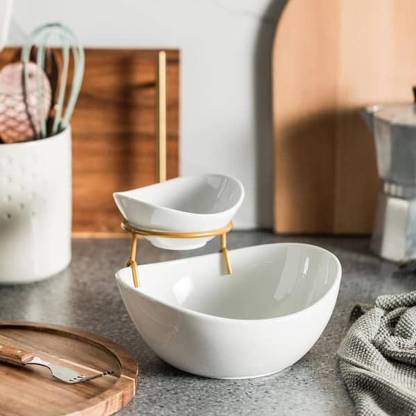 Anqtovp 8 in. 45 fl. oz. Gold White Porcelain Chip and Dip Serving ...