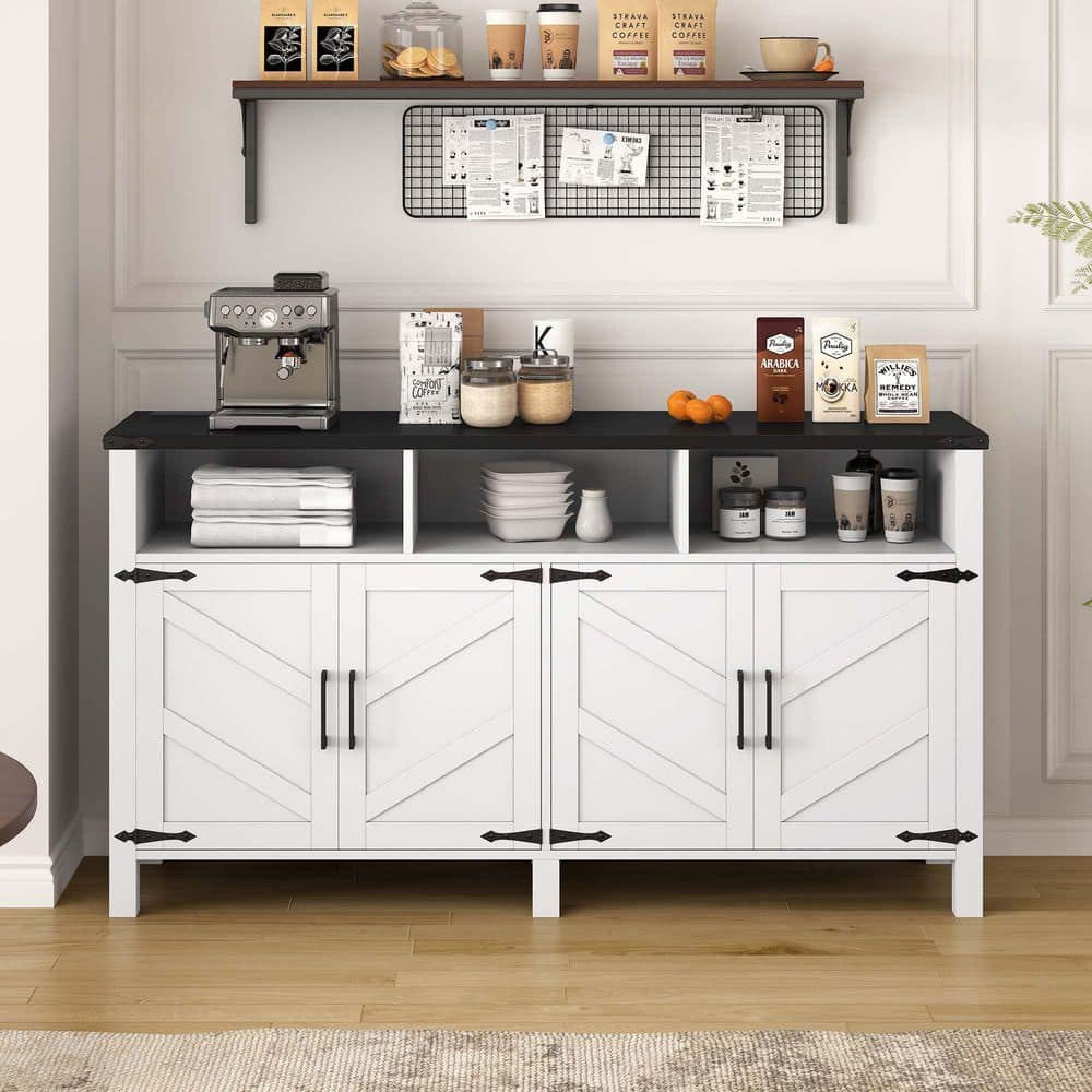 Polibi White/Black Particle Board Wood Buffet with Power Outlets USB ...