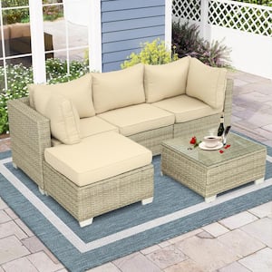 5-Piece Brown Wicker Outdoor Sectional Set with Table and Dark Blue ...