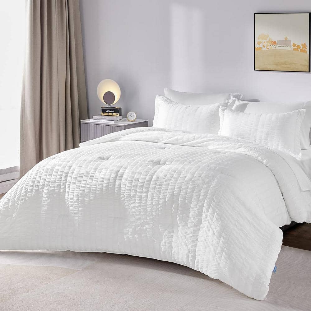 JEAREY Twin Seersucker 7-Piece Cotton Blend Comforter Set White PPS7J ...