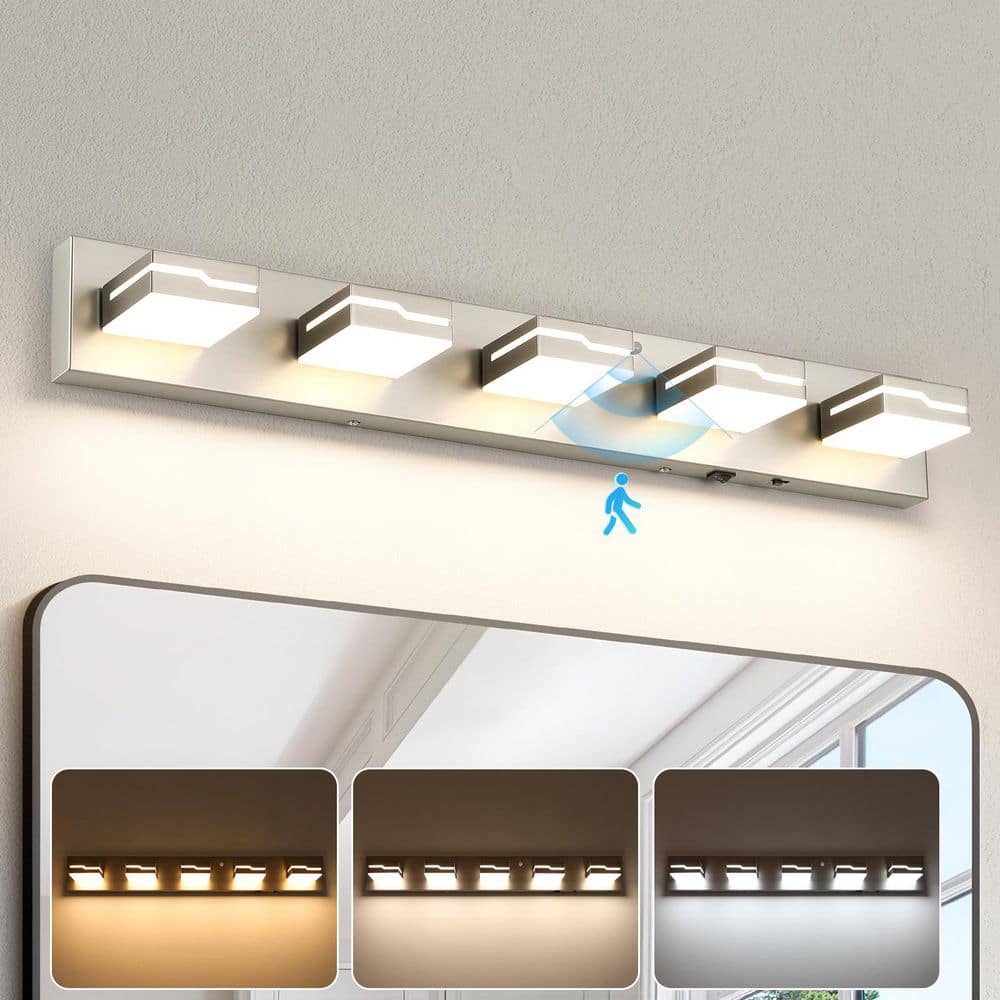 JUSHENG 32.3 in. 5-Light Nickel Dimmable LED Motion Sensor Vanity Light ...