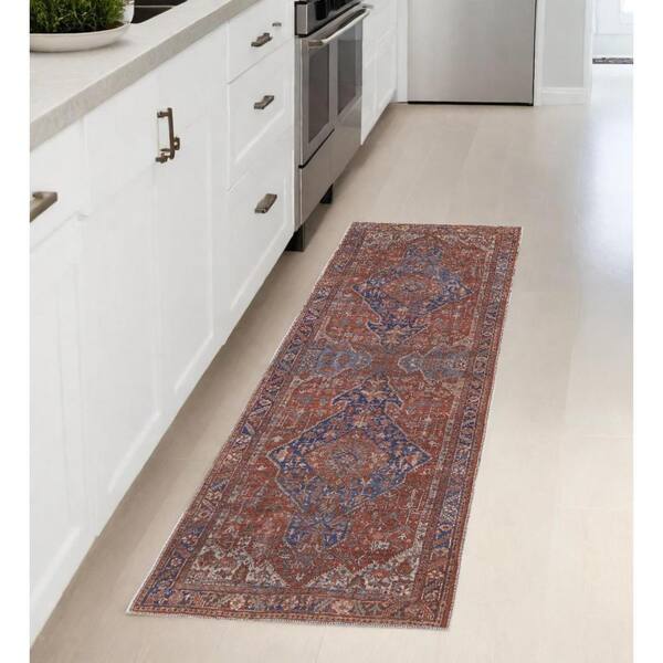 HomeRoots Red Tan and Blue 3 ft. x 8 ft. Floral Area Rug 2000515173 ...
