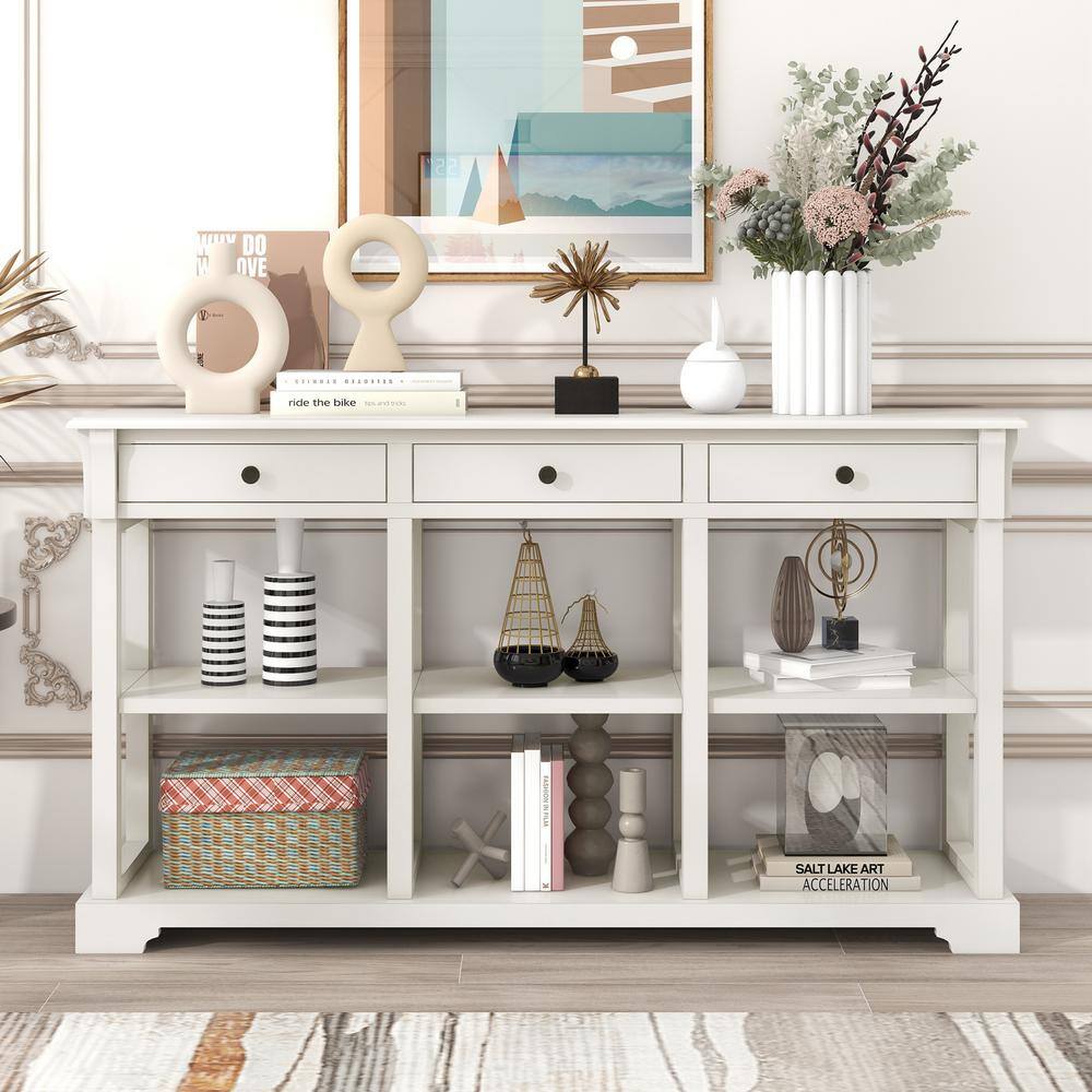 Harper & Bright Designs 58 in. Antique White Rectangle Wooden Console ...