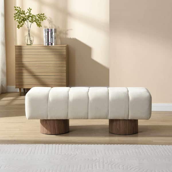 Polibi 50 in. Beige Dining Bench with Wood Leg and Upholstered Chenille ...