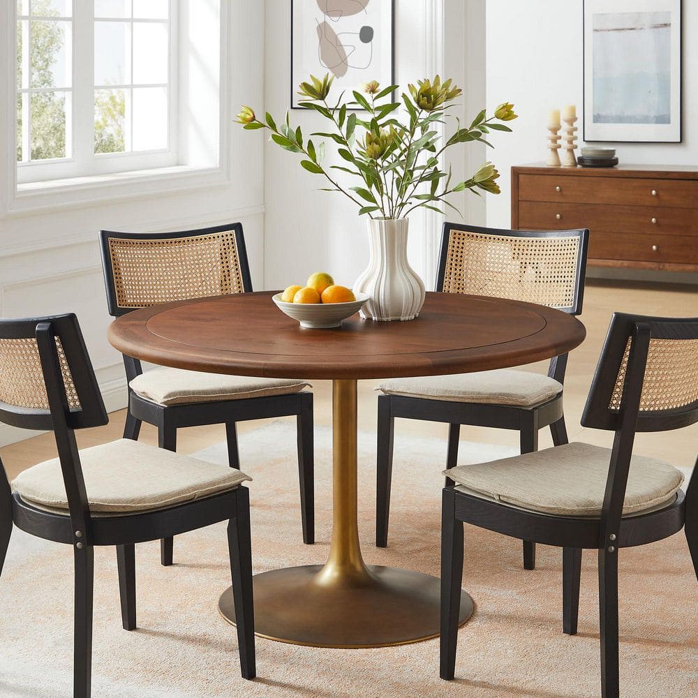 MODWAY Lippa Round Brass Walnut Solid Mango Wood 48 in. Pedestal Base ...