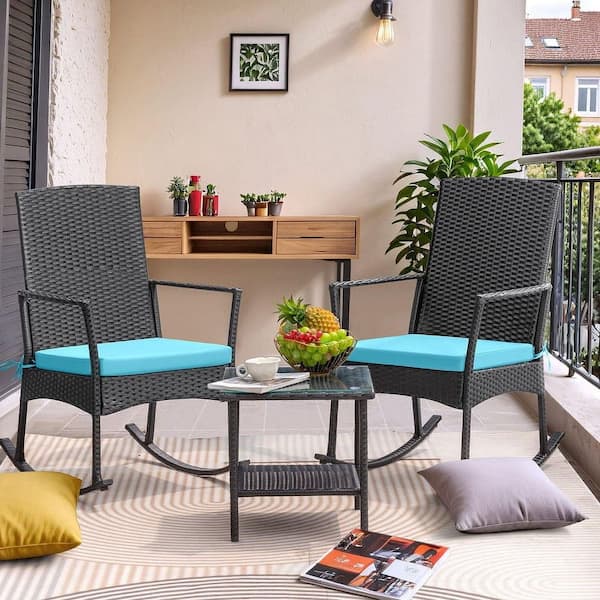 Tozey 3-Pieces Brown High Back Plastic Outdoor Rocking Chair with Blue ...