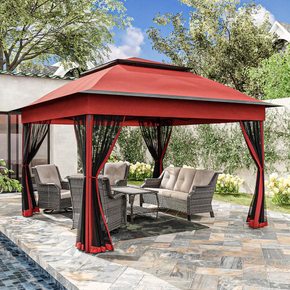 JOYSIDE 11 ft. x 11 ft. Red Steel Pop-up Gazebo with Mosquito Netting ...