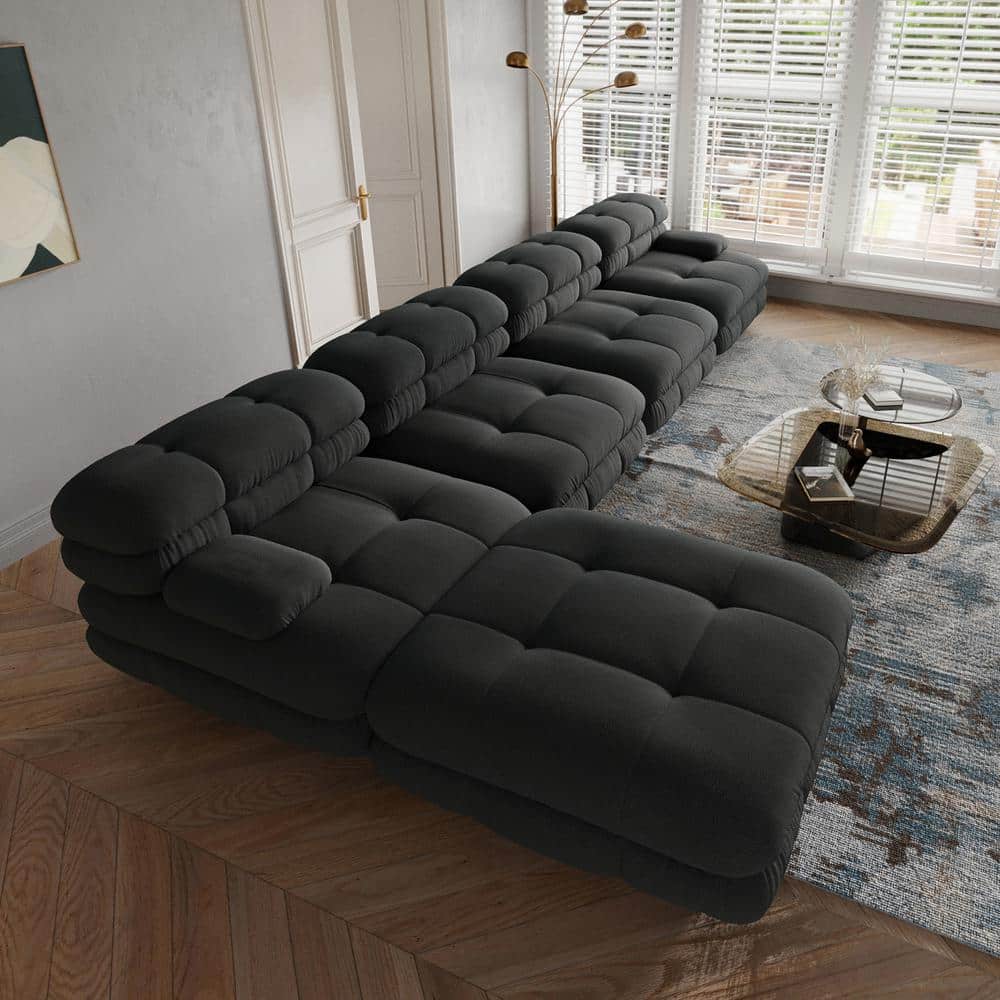 J&E Home 146.4 in. Square Arm Teddy Velvet L-shape Deep Seat Modular ...