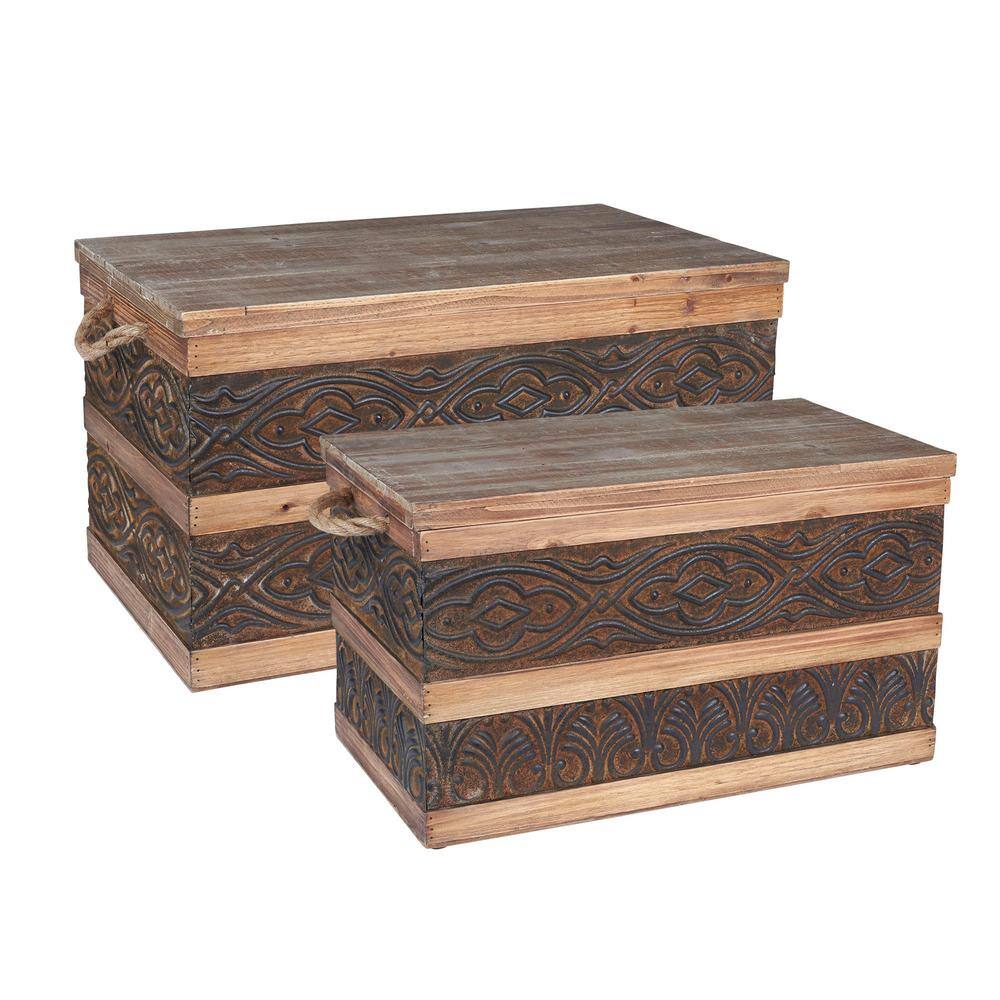 HOUSEHOLD ESSENTIALS Walnut and Almond Stain Decorative Trunks Small ...