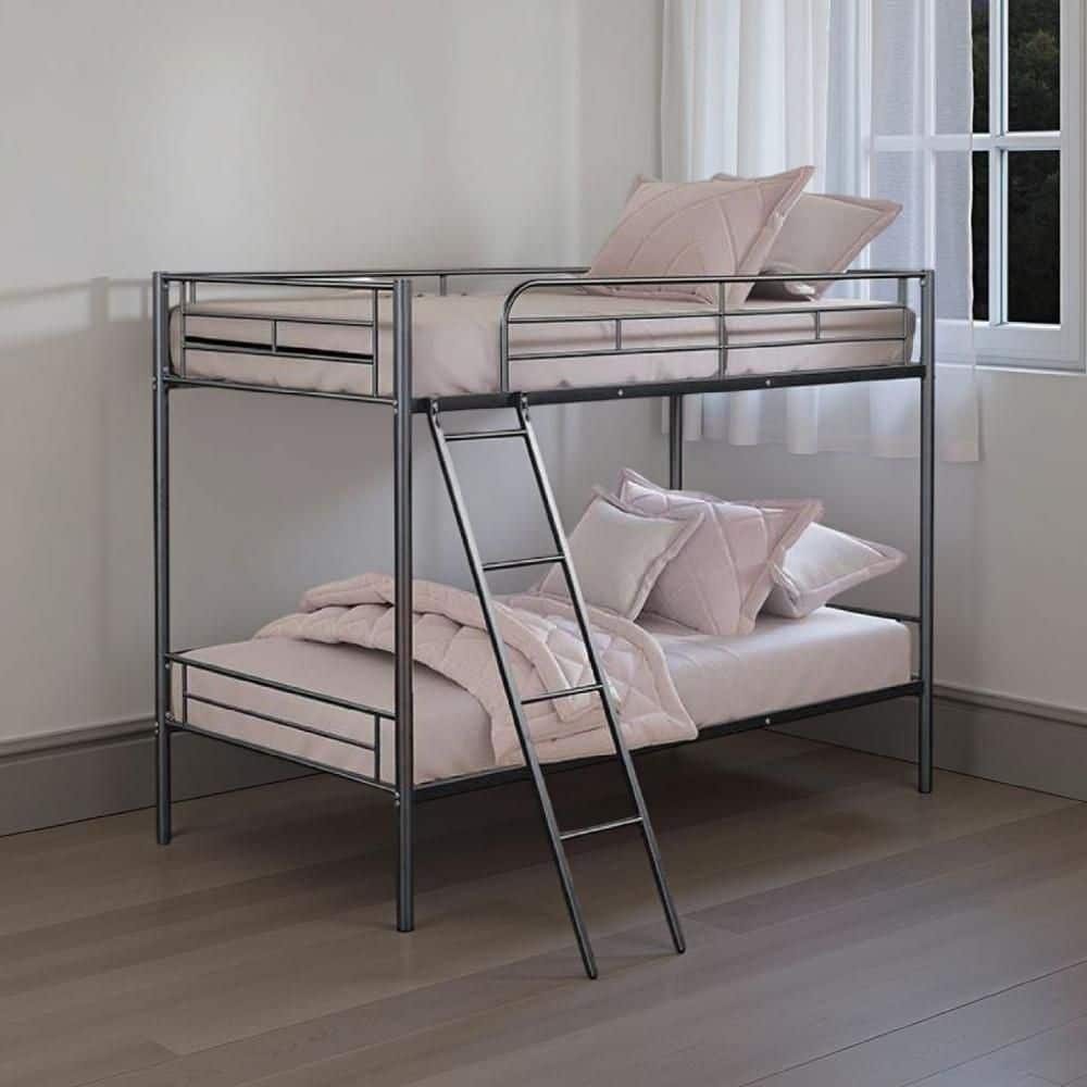 Benjara Cet White Twin Over Twin Bunk Bed with Attached Angled Ladder BM332998 - The Home Depot
