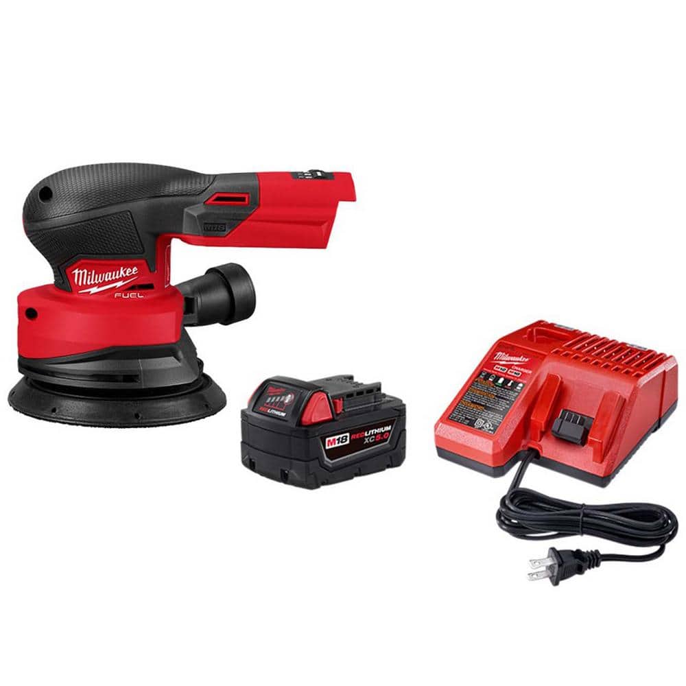 Milwaukee M18 18V Lithium Ion Brushless Cordless FUEL 5 in. Random Orbit Sander w 1 5Ah Battery Charger 2837 20 48 59 1850 The Home Depot