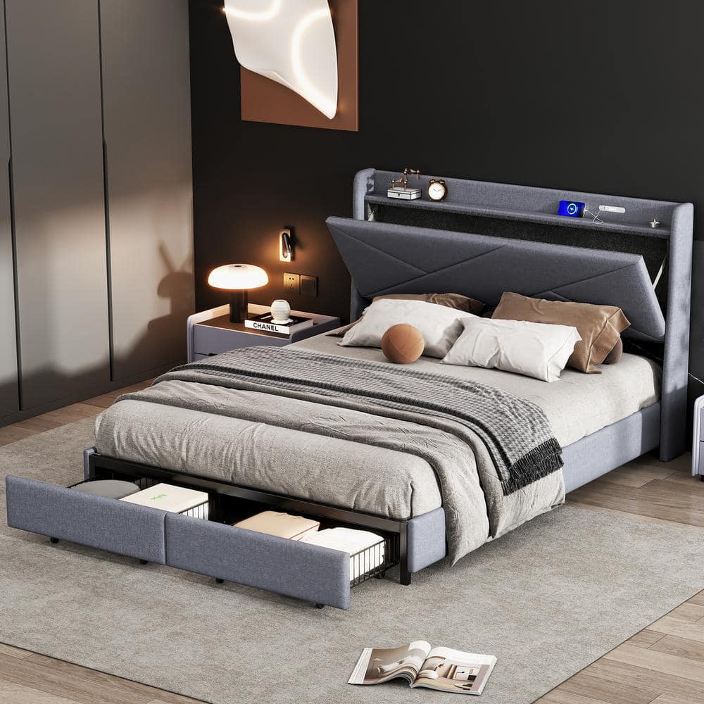 Qualler Gray Wood Frame Queen Size Platform Bed with LED Lighting and USB Charge Function ...