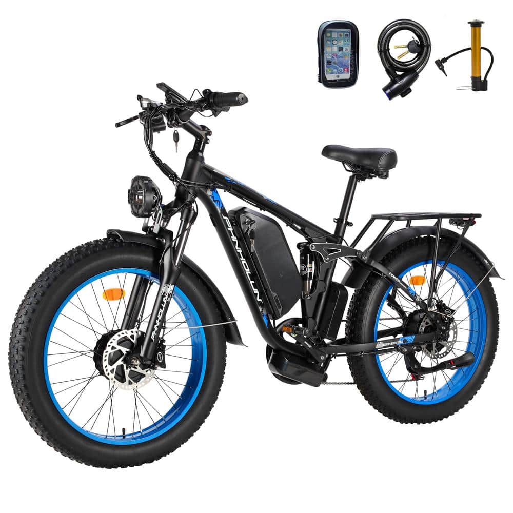 PHNHOLUN Electric Bike Dual-Motor Mountain E-Bike, Full Suspension 24 in. Fat Tire 2000W 52V ...