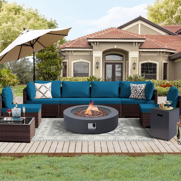 UPHA 9-Piece Outdoor Brown Rattan Seating Set with Dark Lake Blue ...