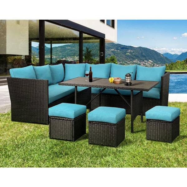 Sudzendf 7-Piece Black Wicker Patio Conversation Set with Blue Cushions ...