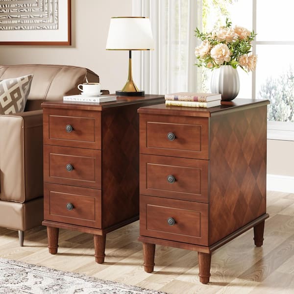 Calvin 11.81 in. W Assembled 3 Drawers Narrow Rectangle MDF Brown Wood Bedside End Side Table Set 2 Nightstand 2 Pieces