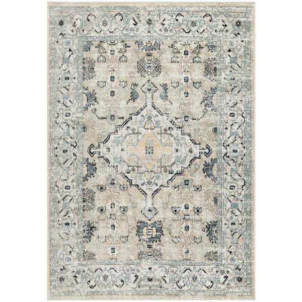 Nourison Washable Decor Taupe Blue 9 ft. x 12 ft. Center medallion ...