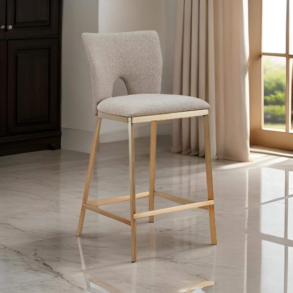 Benjara 26.5 in. Beige and Brass Low Back Metal Frame Bar Stool with ...