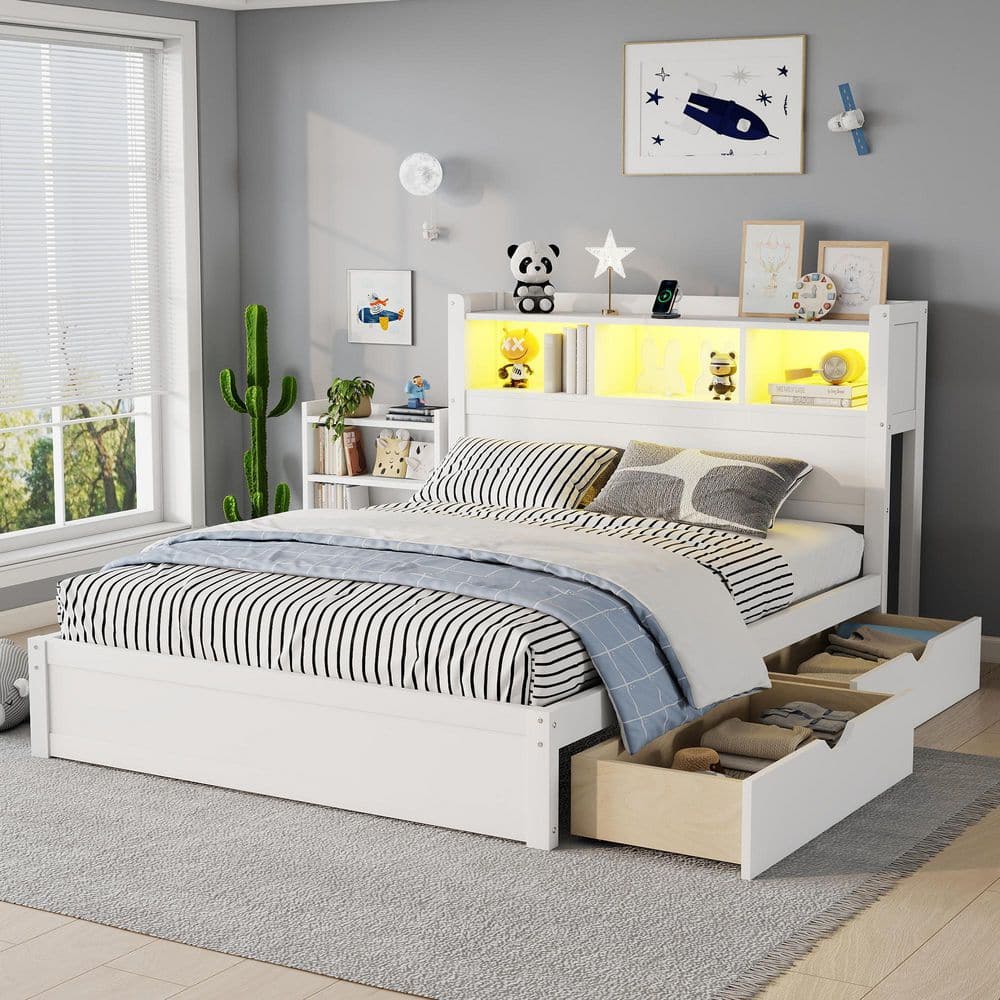 Noble House Winnie White Wood Frame Full Size Platform Bed with Storage ...