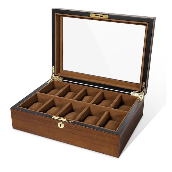 Brown Wood 10-Slot Watch Box with Glass Lid and Velvet Lining ...