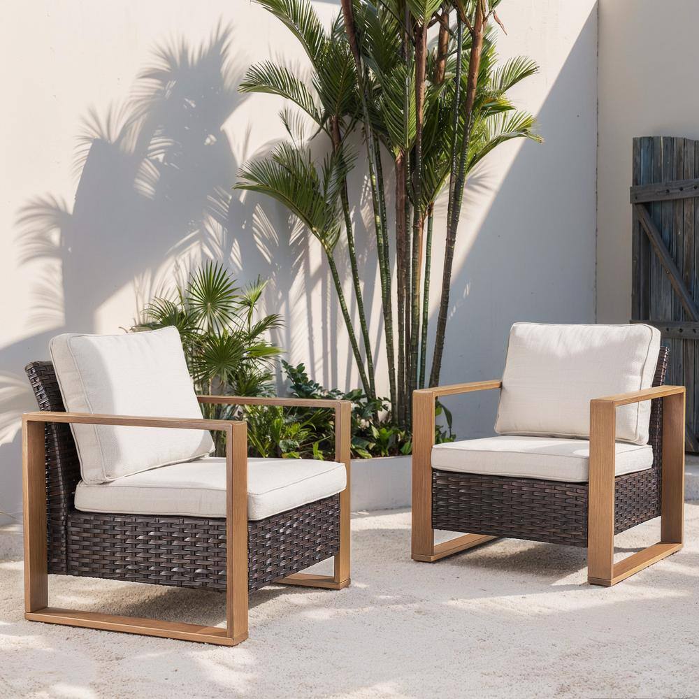 Opohoro Brown Wood-Looking Metal Armrests Wicker Outdoor Lounge Chair ...