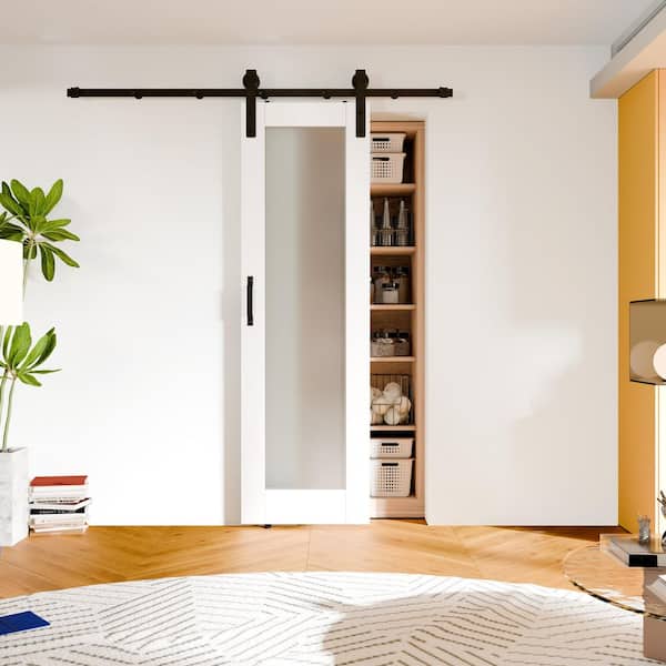 TENONER 28 in. x 80 in. White Full Lite Frosted Glass Panel Solid Wood ...