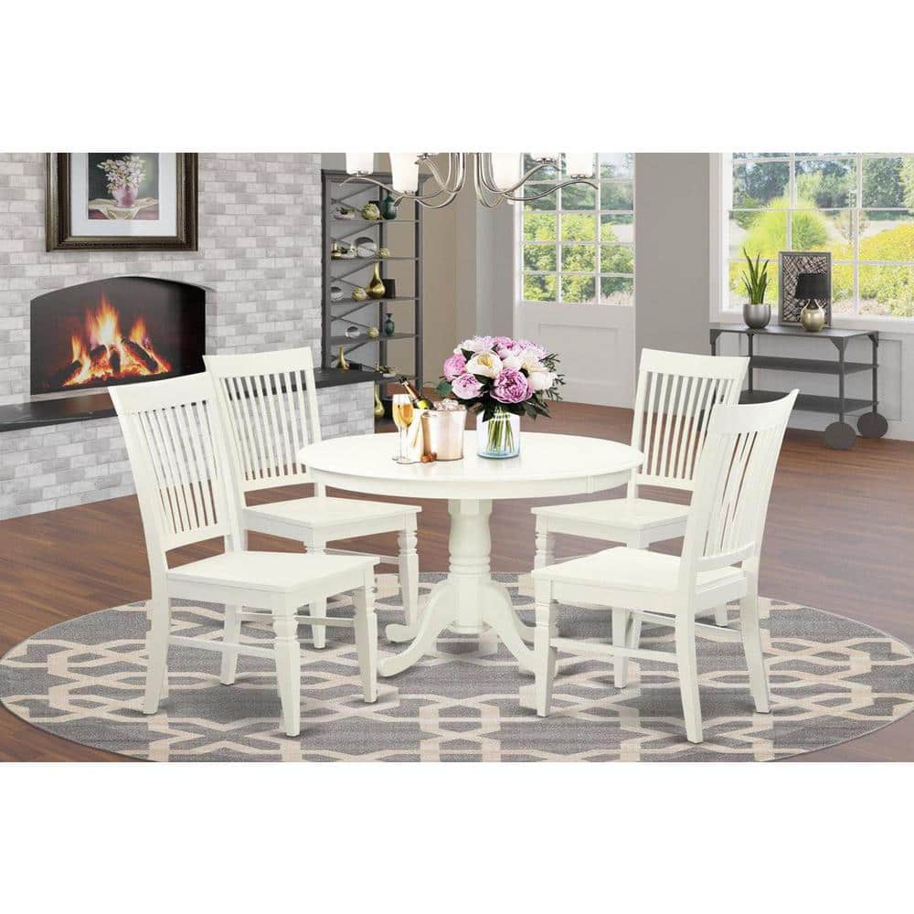 East West Furniture 5-Piece Round Linen White Finish Solid Wood Top ...