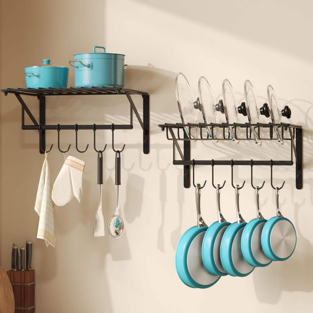 Numhew Black Wall Mounted Pot Rack with 10-Hooks, Hanging Pot and Pan ...
