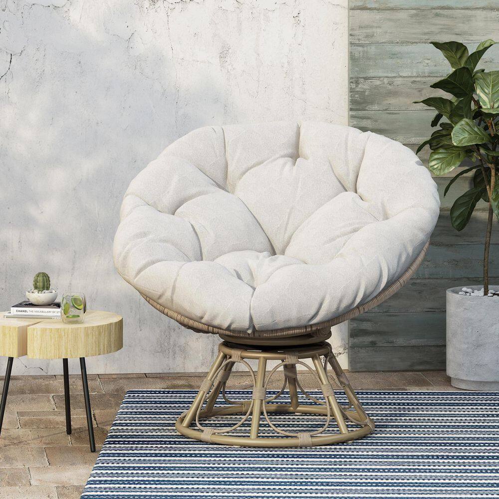 Brown Swivel Wicker Outdoor Lounge Chair with Beige Cushions L-69572.00 ...