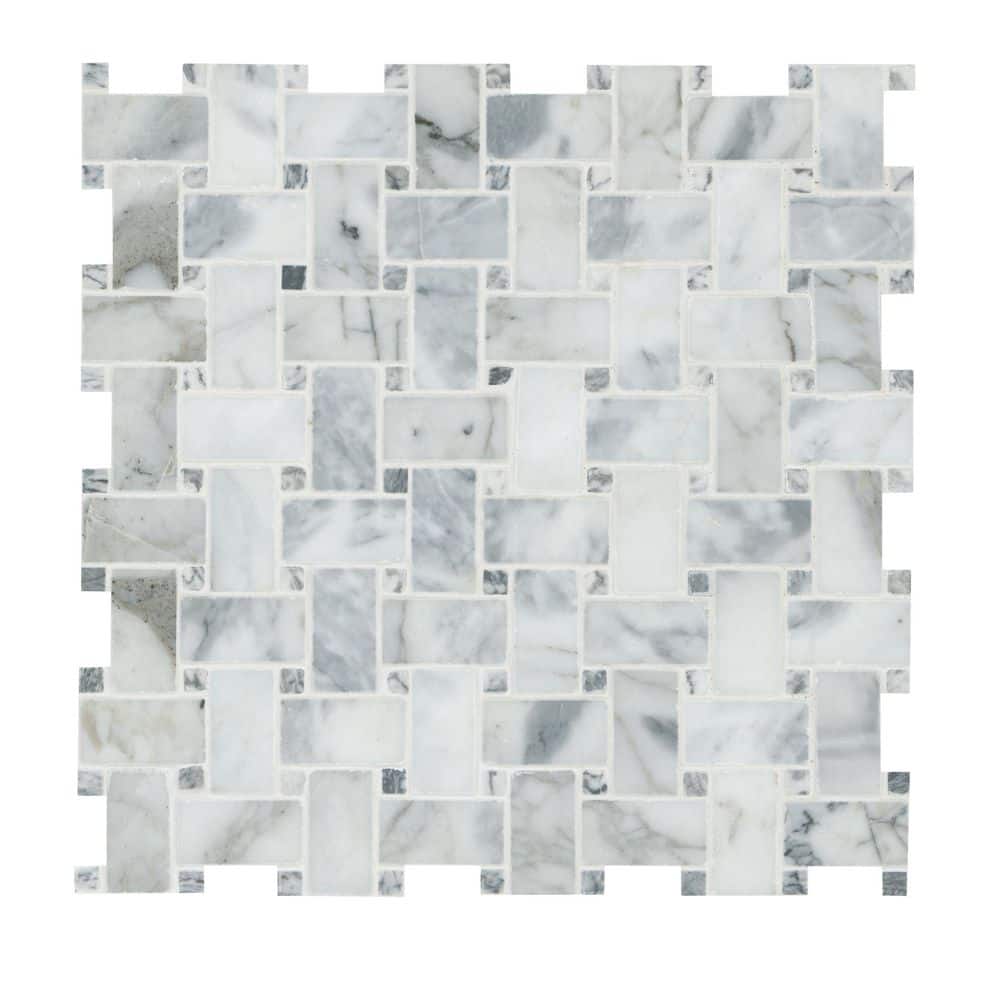 MSI Take Home Tile Sample - Calacatta Cressa Basket Weave 4 in. x 4 in. Honed Marble Mosaic Tile ...