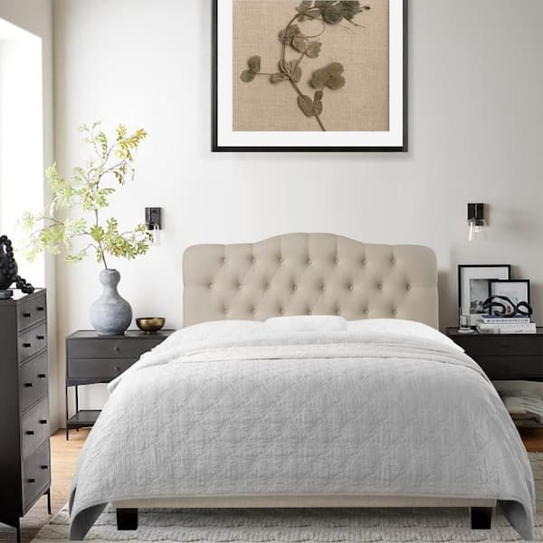 Boyel Living Beige Wood Frame Low Profile King Platform Bed Button ...