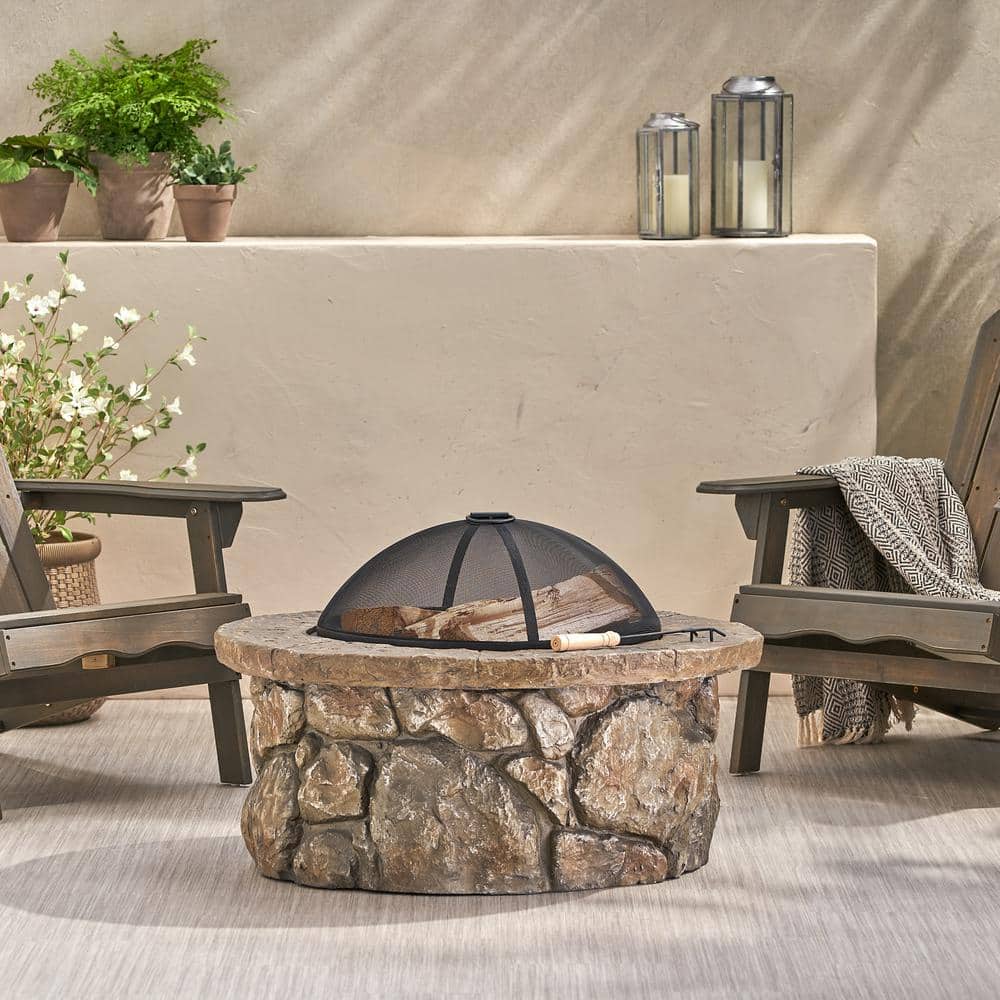Noble House Samson 34 in. x 21 in. Round Cement Wood Burning Outdoor ...