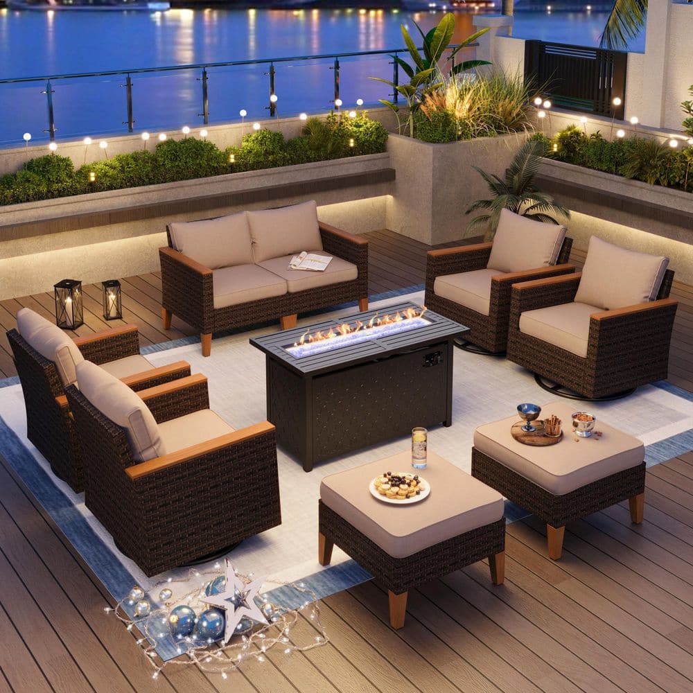 PHI VILLA Brown Rattan Wicker 8-Seat 9-Piece Steel Outdoor Fire Pit ...