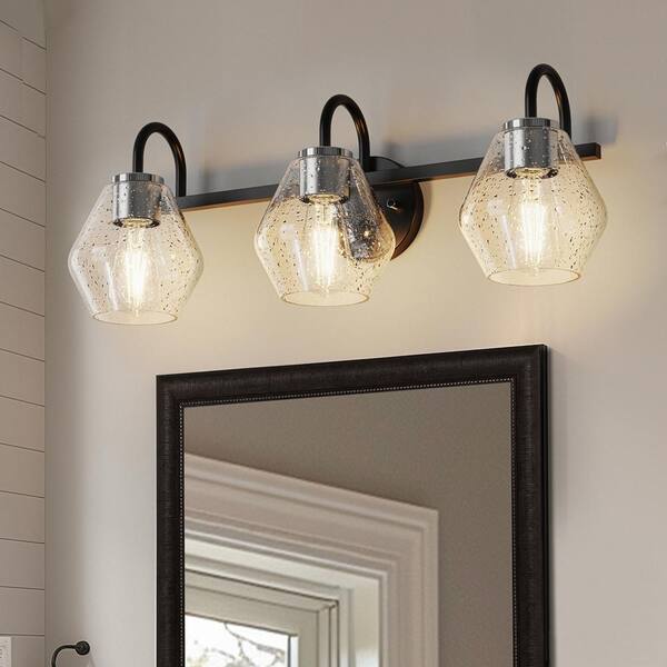 YANSUN 25 in. 3-Light Black Vanity Light with Cone Clear Glass Shades ...