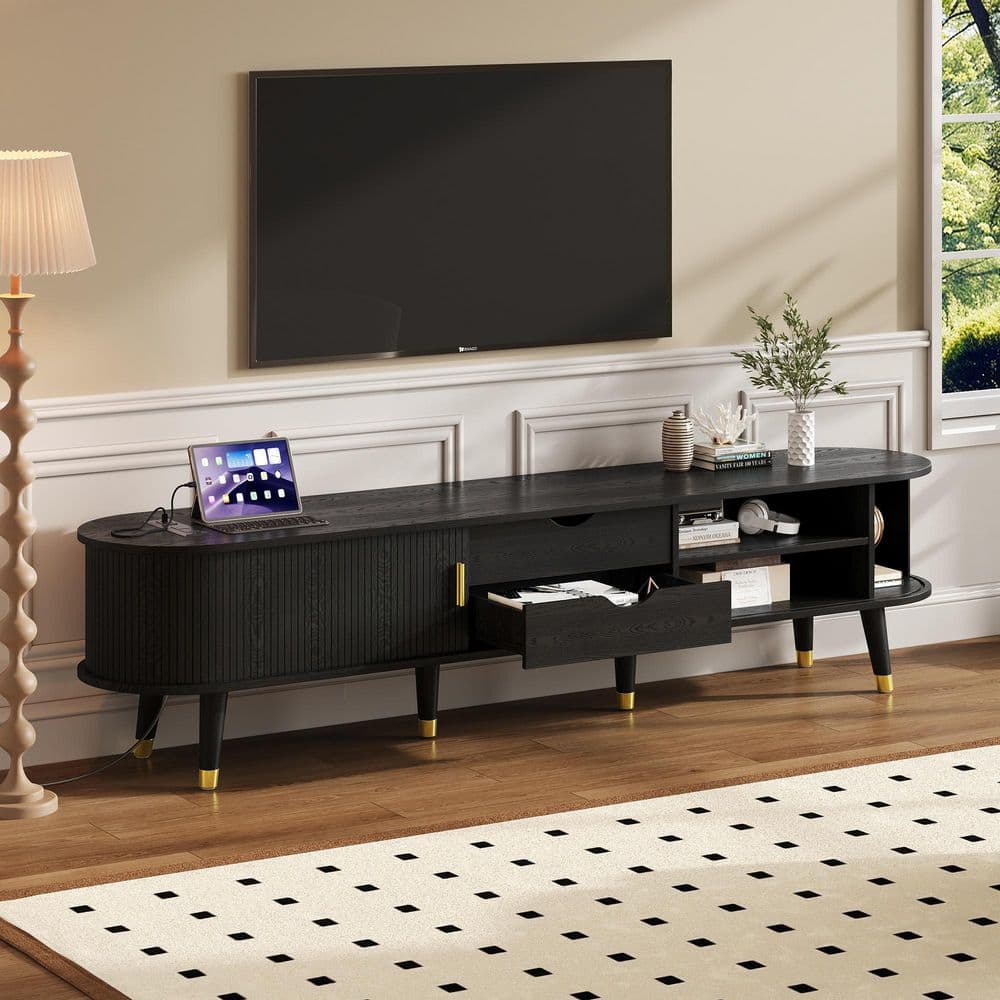 Harper & Bright Designs Black Wooden Oval Fluted TV Stand Fits TVs up ...