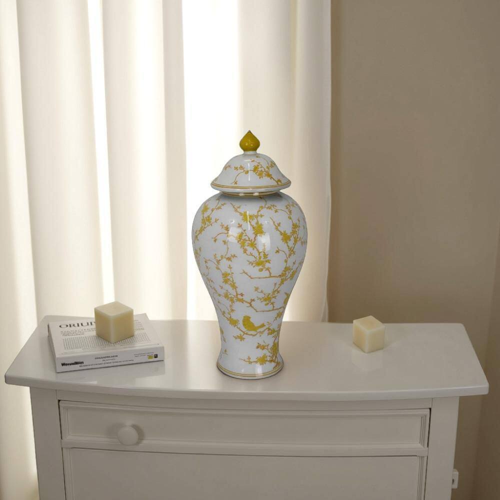 Benjara Chris White and Yellow Round Ceramic 9.5 in. Decorative Lidded ...