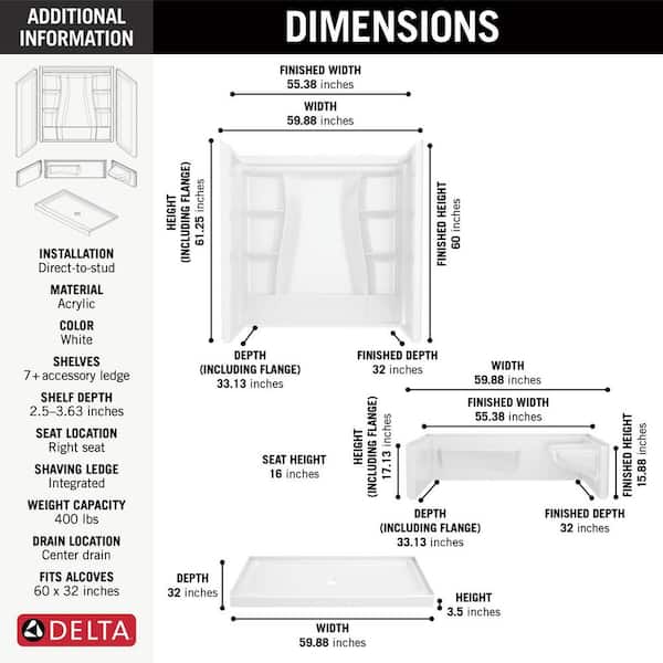 Delta Classic 500 Right Seat 60 in. x 32 in. x 75.88 in. H Alcove ...