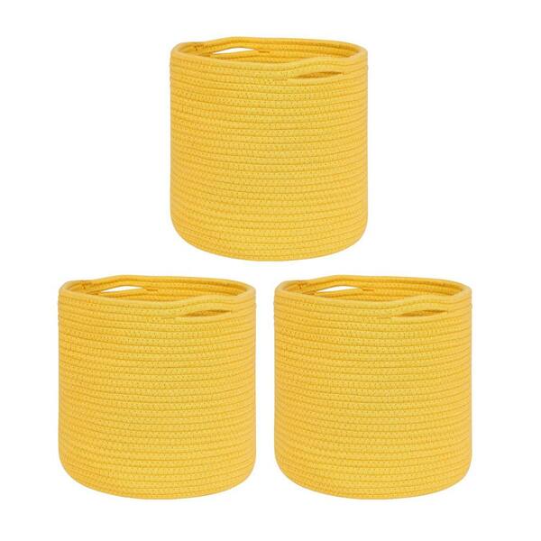Yellow 11 in. x 11 in. Cotton Decorative Basket (Set of 3) with Built ...