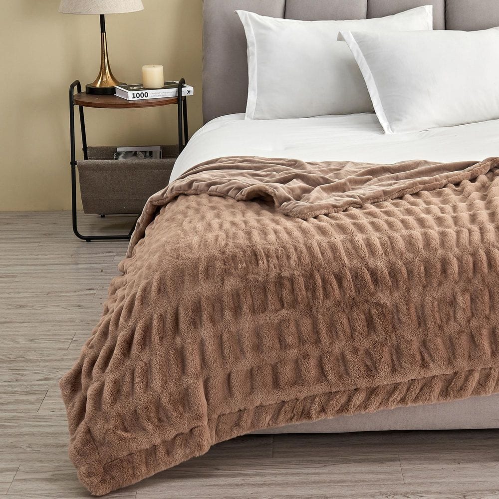 FRESHFOLDS Toffee Fuzzy Faux Fur Ruched Reversible Throw Blanket, 50 in ...