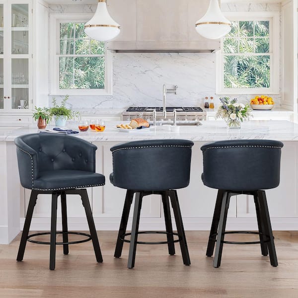 OrangeOne 36.22 in. QUINN Navy Blue Faux Leather Metal Base High-Back Upholstered Counter Height ...