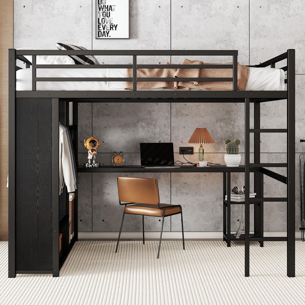 URTR Black Queen Size Loft Bed with Desk and Storage Shelves,Heavy Duty ...