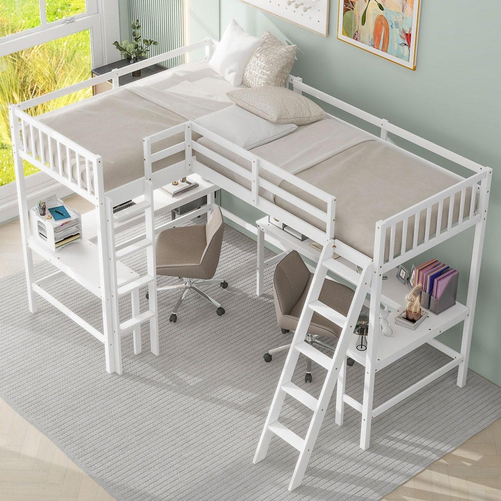 Nestfair White Twin Size L-Shaped Loft Bed with Ladder and 2 Desks ...