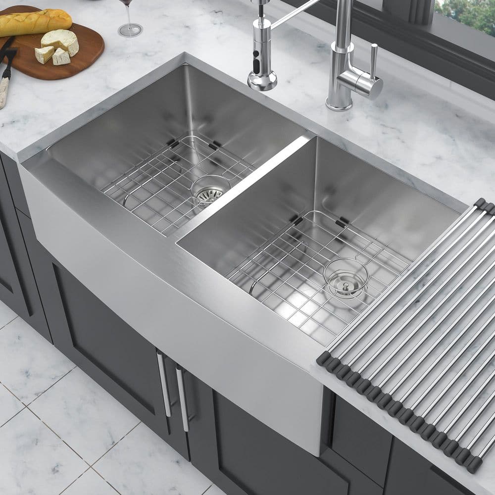 Timussi 36 in. Farmhouse Double Bowl (50/50) 16-Gauge Brushed Nickel ...