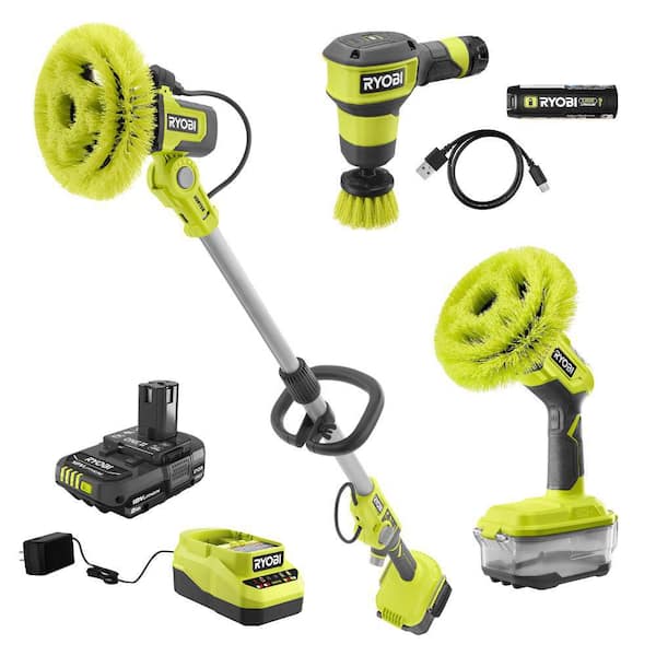 RYOBI ONE+ 18V Soap Dispensing Scrubber & Compact Power Scrubber Kit w ...