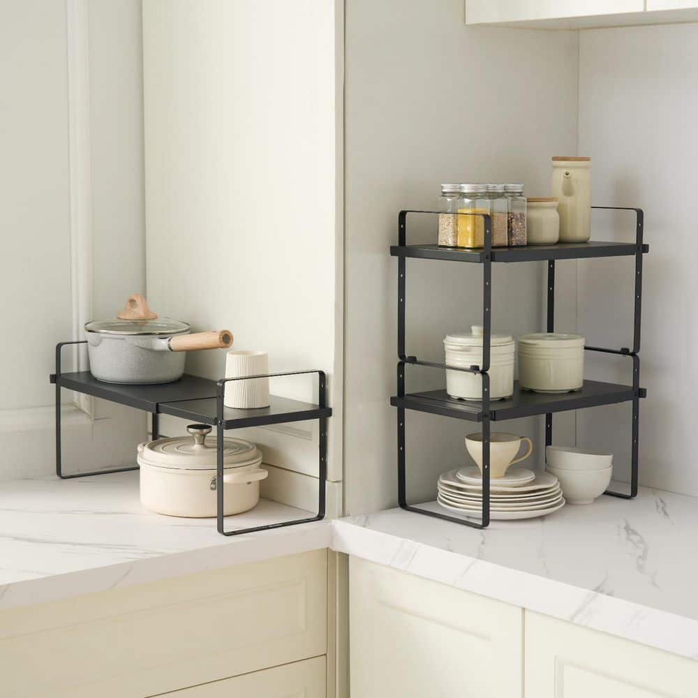 SKYSHALO Adjustable Kitchen Cabinet Shelf Organizer, Expandable 2-Tier ...